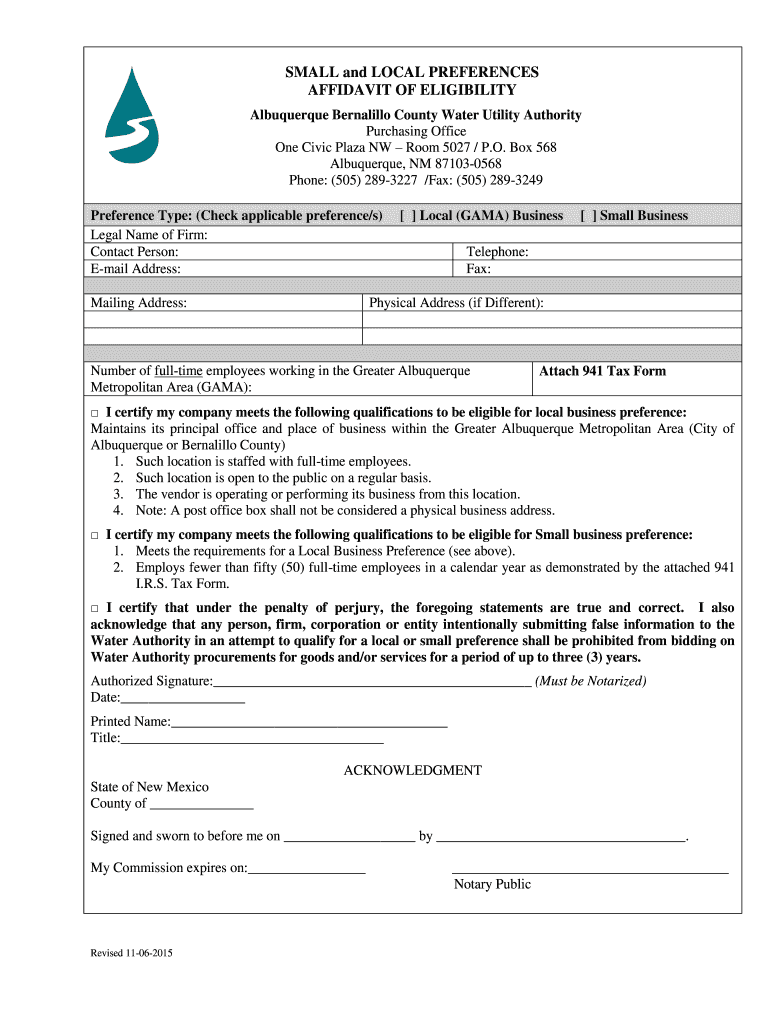 Fillable Online abcwua SMALL and LOCAL PREFERENCES AFFIDAVIT OF ...