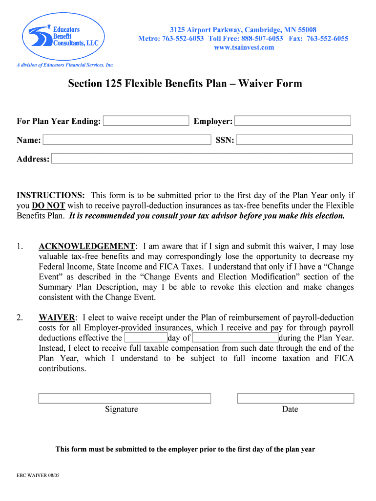 Fillable Online Section 125 Flexible Benefits Plan Waiver Form Fax ...