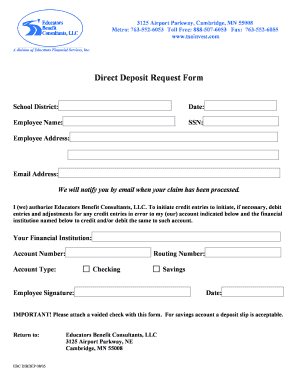 Fillable Online Direct Deposit Request Form - bebcsolutionscomb Fax ...