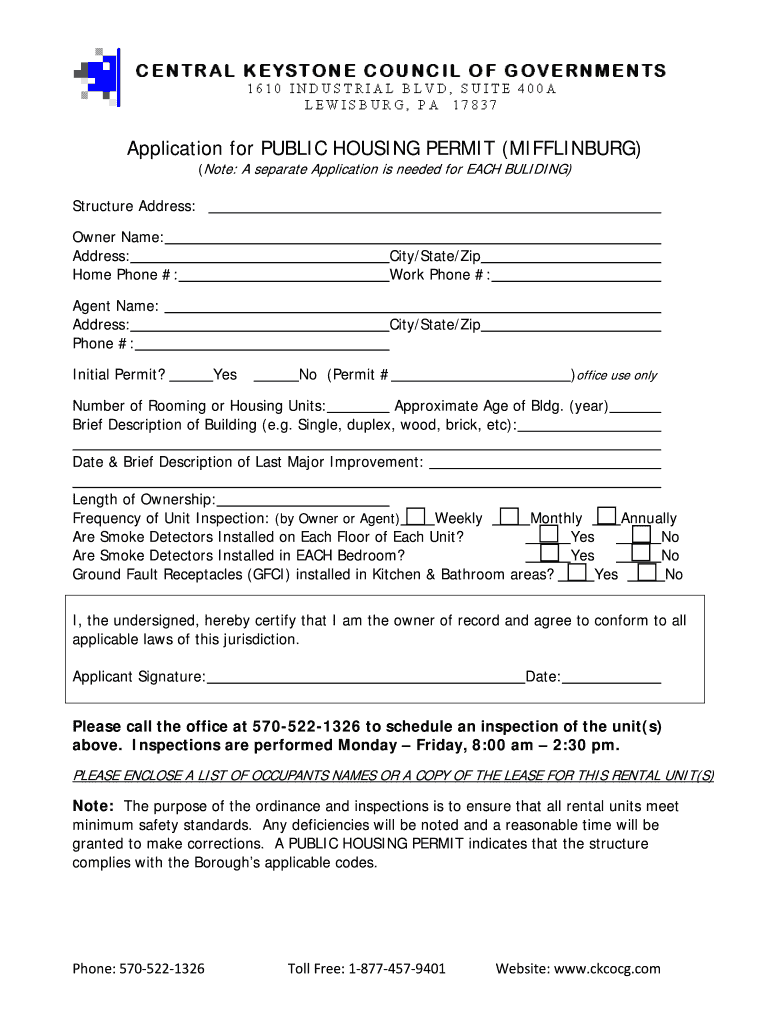 Fillable Online Application for PUBLIC HOUSING PERMIT MIFFLINBURG Fax ...