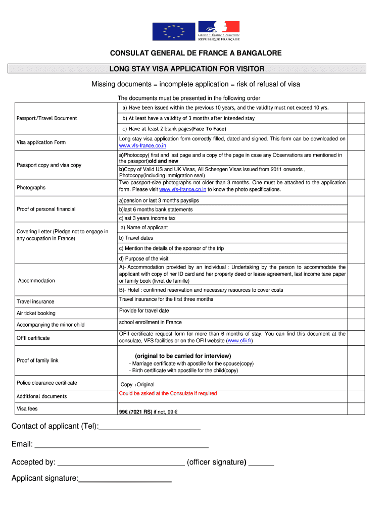 Fillable Online vfs-france co CONSULAT GENERAL DE FRANCE A BANGALORE ...