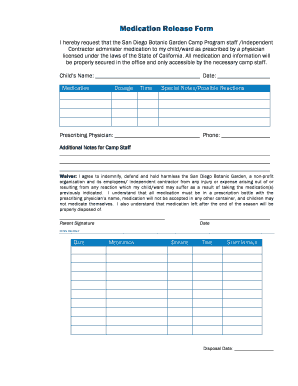 Fillable Online sdbgarden Medication Release Form - San Diego Botanic ...