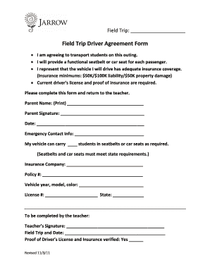 Fillable Online jarrow Field Trip Driver Agreement Form - jarroworg Fax ...