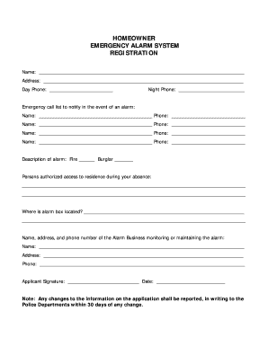 Fillable Online HOMEOWNER EMERGENCY ALARM SYSTEM REGISTRATION Fax Email Print - pdfFiller
