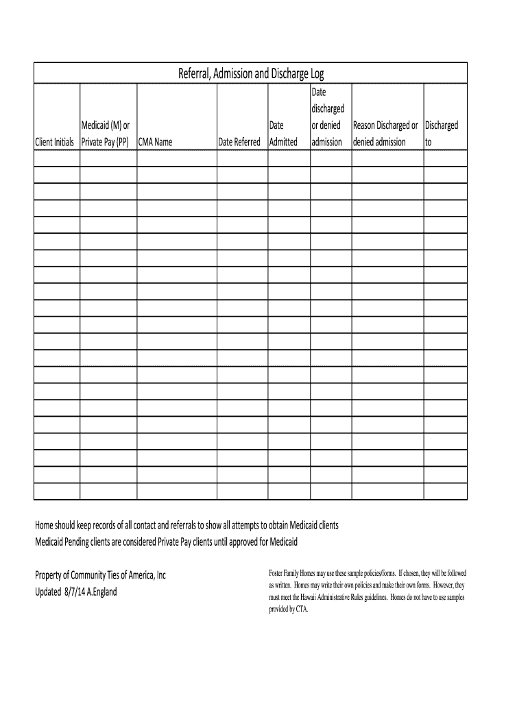 Fillable Online Referral, Admission and Discharge Log Fax Email Print ...