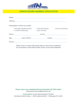 Fillable Online northlandlibrary JUNIOR BOARD MEMBER APPLICATION ...