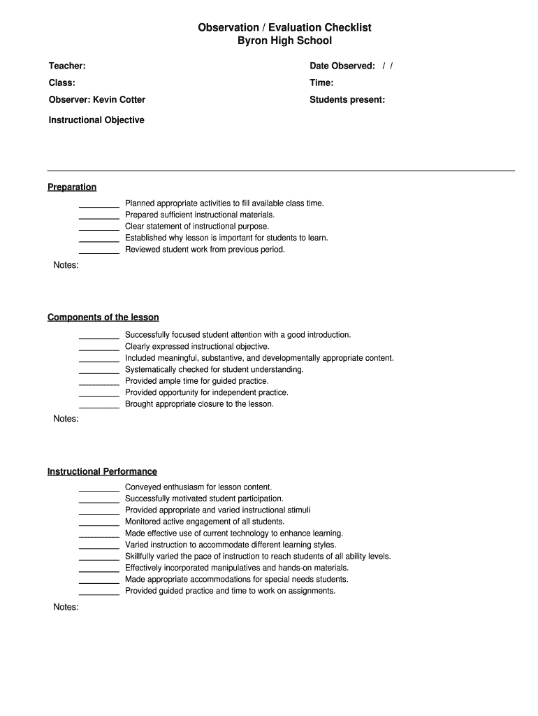 Fillable Online Observation / Evaluation Checklist Fax Email Print ...
