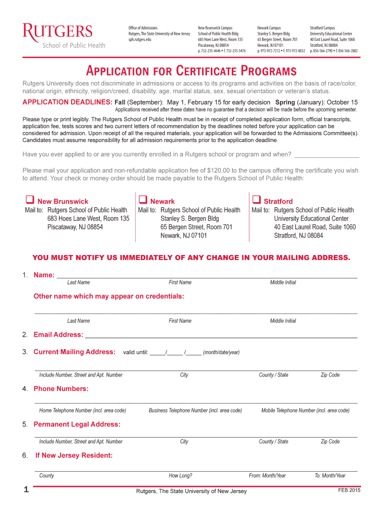 Fillable Online sph rutgers Application for Certificate Programs ...