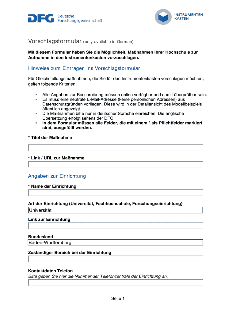 Ausfüllbar Online instrumentenkasten dfg Vorschlagsformular als PDF - Instrumentenkasten der DFG ...