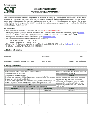 Fillable Online sfa mst 20162017 INDEPENDENT VERIFICATION (V1) WORKSHEET Your FAFSA was selected ...