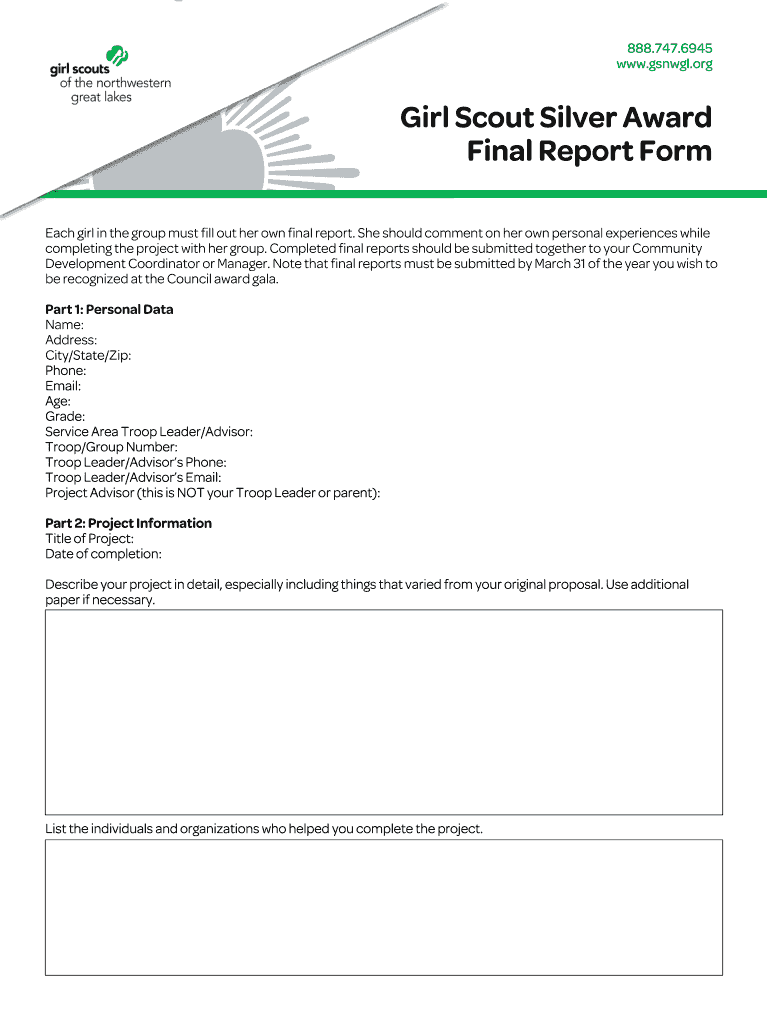 Fillable Online connect gsnwgl Girl Scout Silver Award Final Report ...