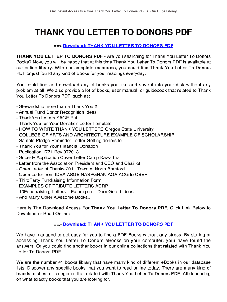 Fillable Online THANK YOU LETTER TO DONORS THANK YOU LETTER TO DONORS ...