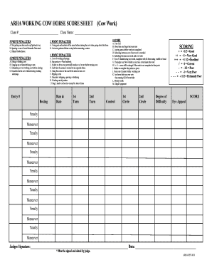 Fillable Online ARHA WORKING COW HORSE SCORE SHEET Cow Work Fax Email ...