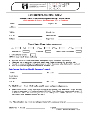 Fillable Online AWARD DECLARATION FORM - Mary Immaculate College Fax ...