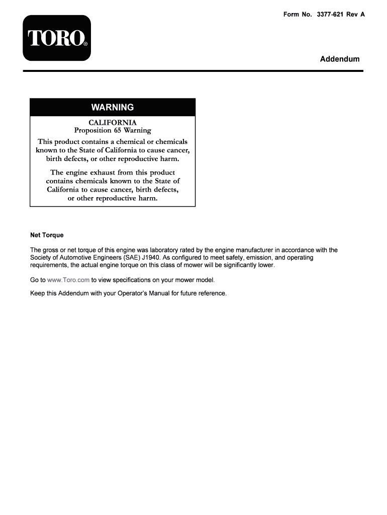 Fillable Online WARNING - Toro Fax Email Print - pdfFiller