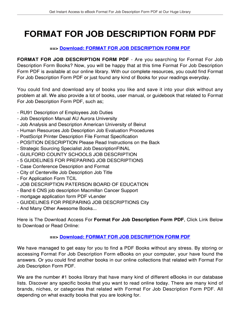 Fillable Online FORMAT FOR JOB DESCRIPTION FORM FORMAT FOR JOB ...
