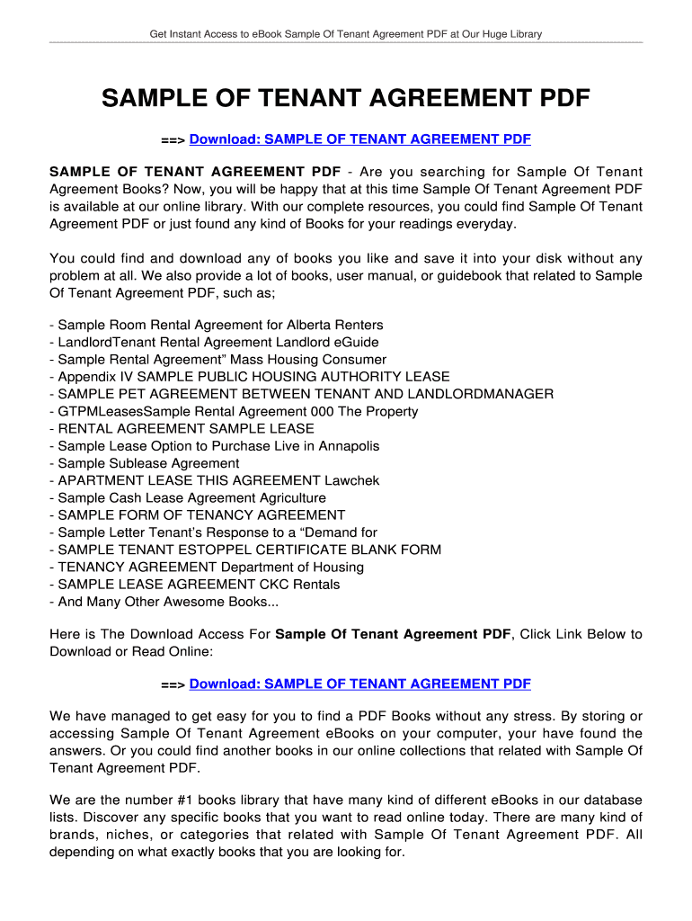 Fillable Online SAMPLE OF TENANT AGREEMENT SAMPLE OF TENANT AGREEMENT ...