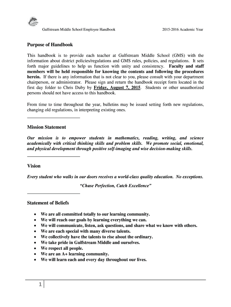 Fillable Online broward k12 fl Purpose of Handbook Mission Statement ...