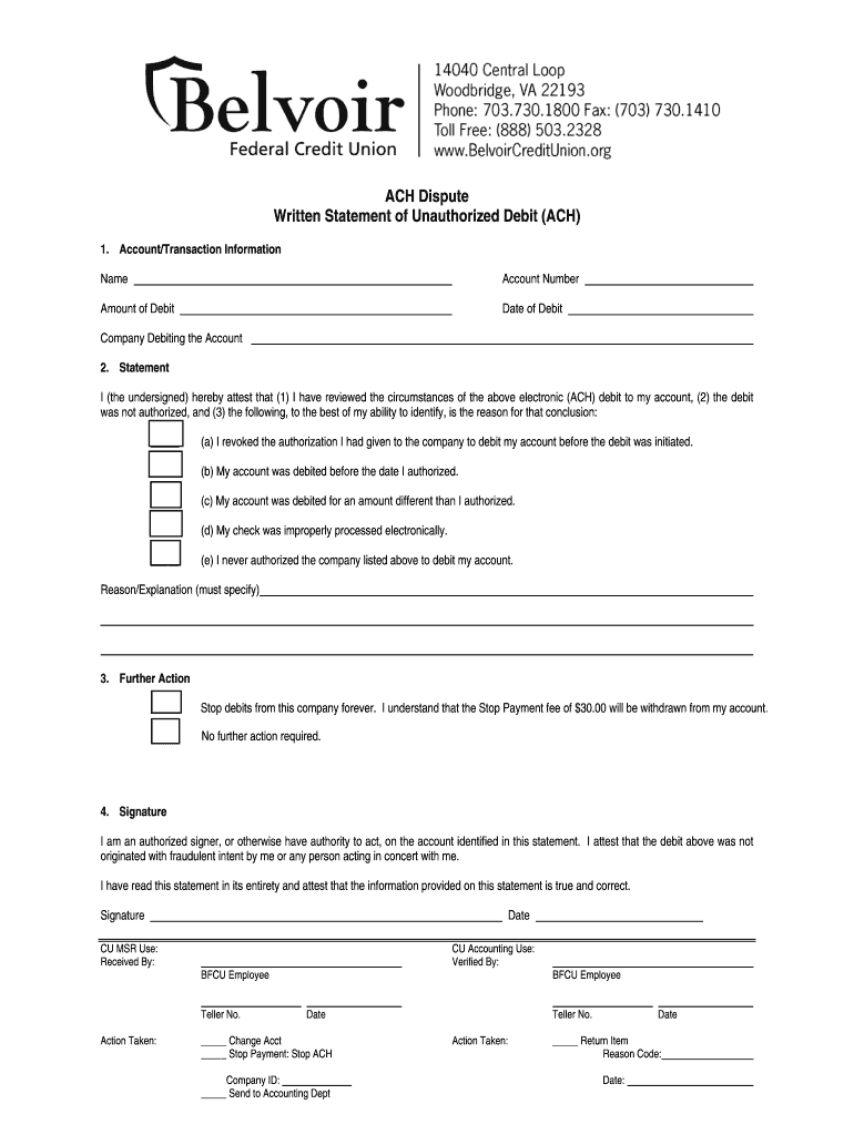 Fillable Online belvoircreditunion ACH Dispute Written Statement of ...