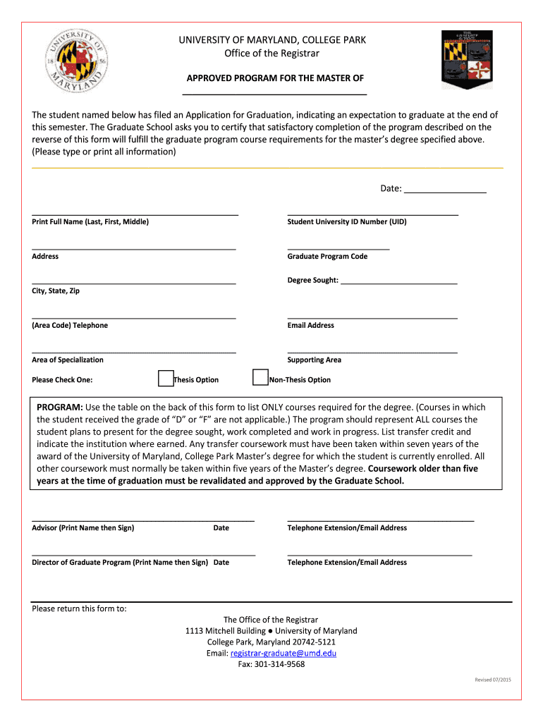 Fillable Online gradschool umd UNIVERSITY OF MARYLAND, COLLEGE PARK Office of the Registrar ...