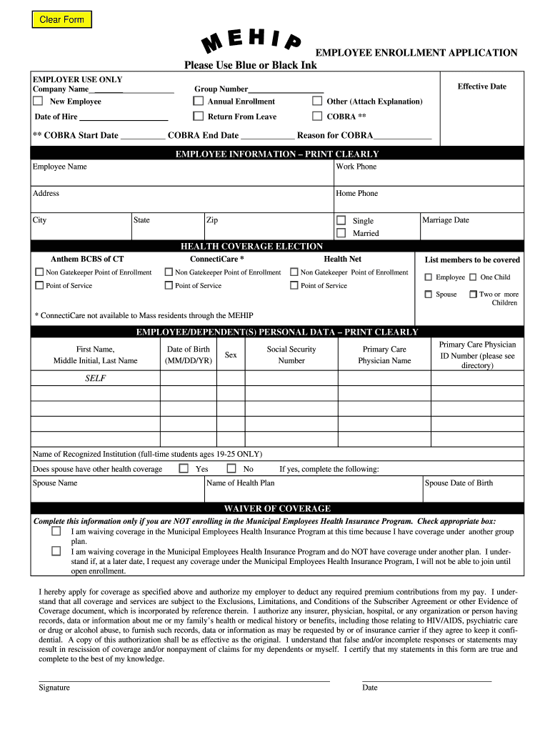 Fillable Online EMPLOYEE ENROLLMENT APPLICATION Please Use Blue or Black Ink Fax Email Print ...