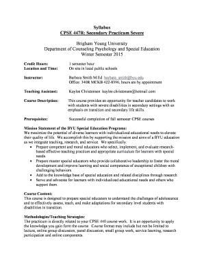 Fillable Online education byu Syllabus CPSE 447R Secondary Practicum Severe Brigham Young ...