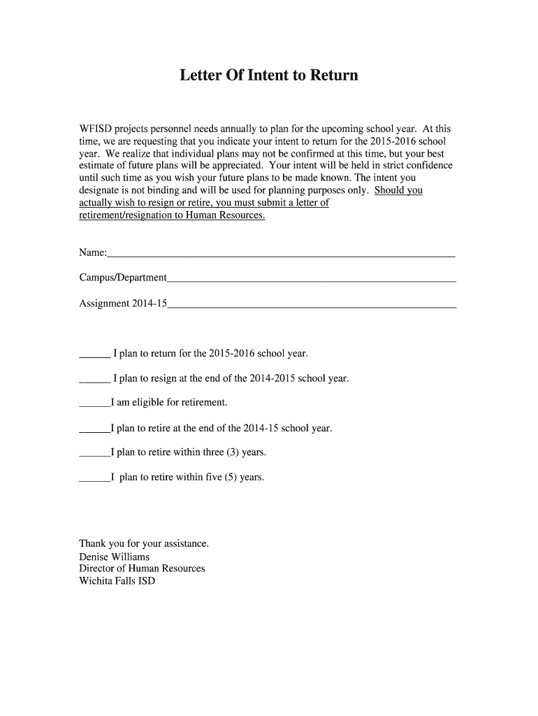 Letter of Intent to Return - Blank Fillable Template | Fill Out, Print ...