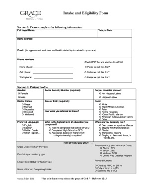 Fillable Online Intake and Eligibility Form - Grace Medical Home Fax ...