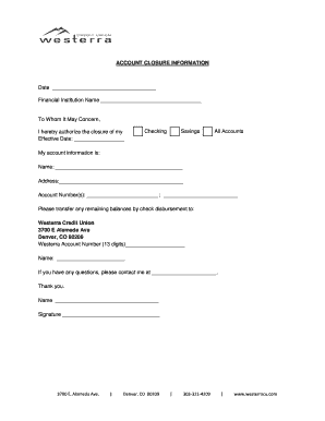 Fillable Online ACCOUNT CLOSURE INFORMATION - bwesterracucomb Fax Email ...