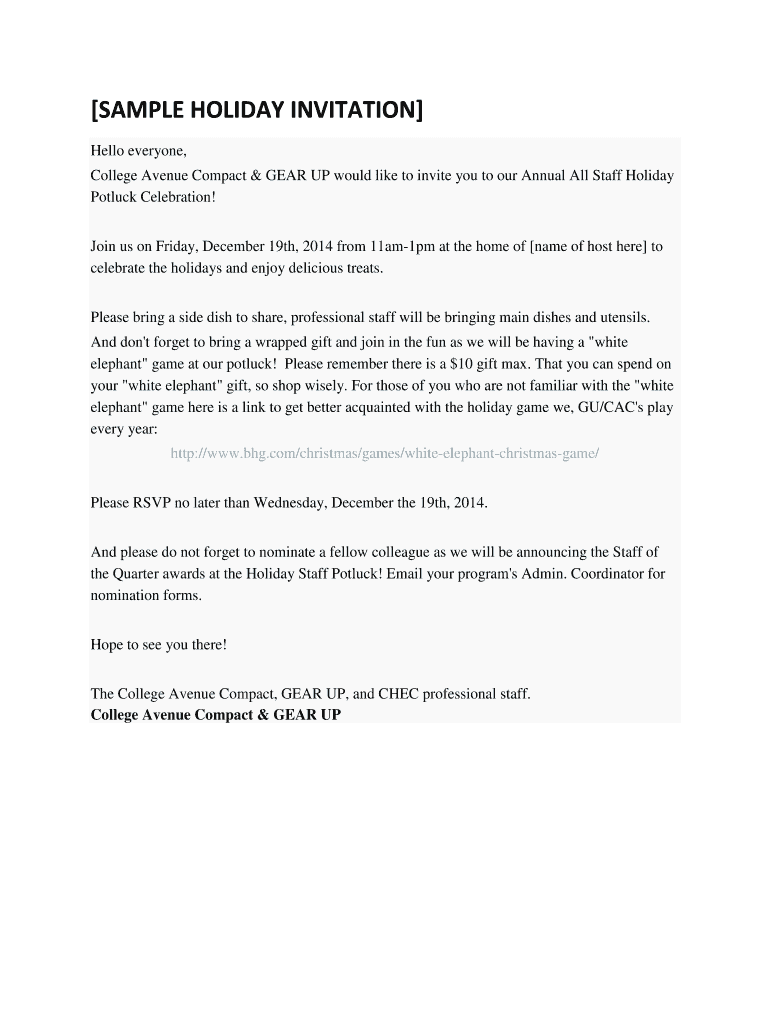 Fillable Online SAMPLE HOLIDAY INVITATION Fax Email Print - pdfFiller