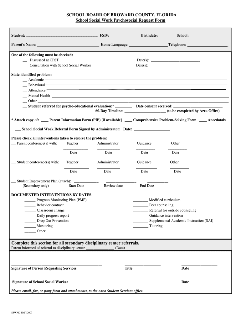 Fillable Online broward k12 fl Psychosocial Request - Broward County Schools Fax Email Print ...