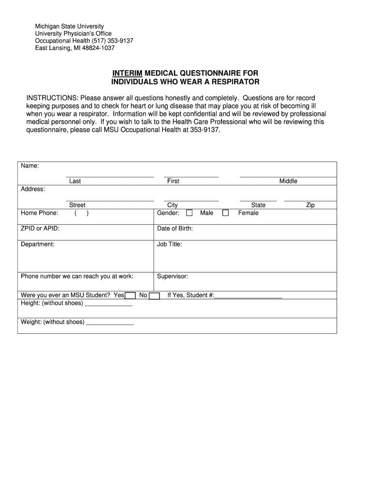 Fillable Online uphys msu INTERIM MEDICAL QUESTIONNAIRE FOR INDIVIDUALS ...