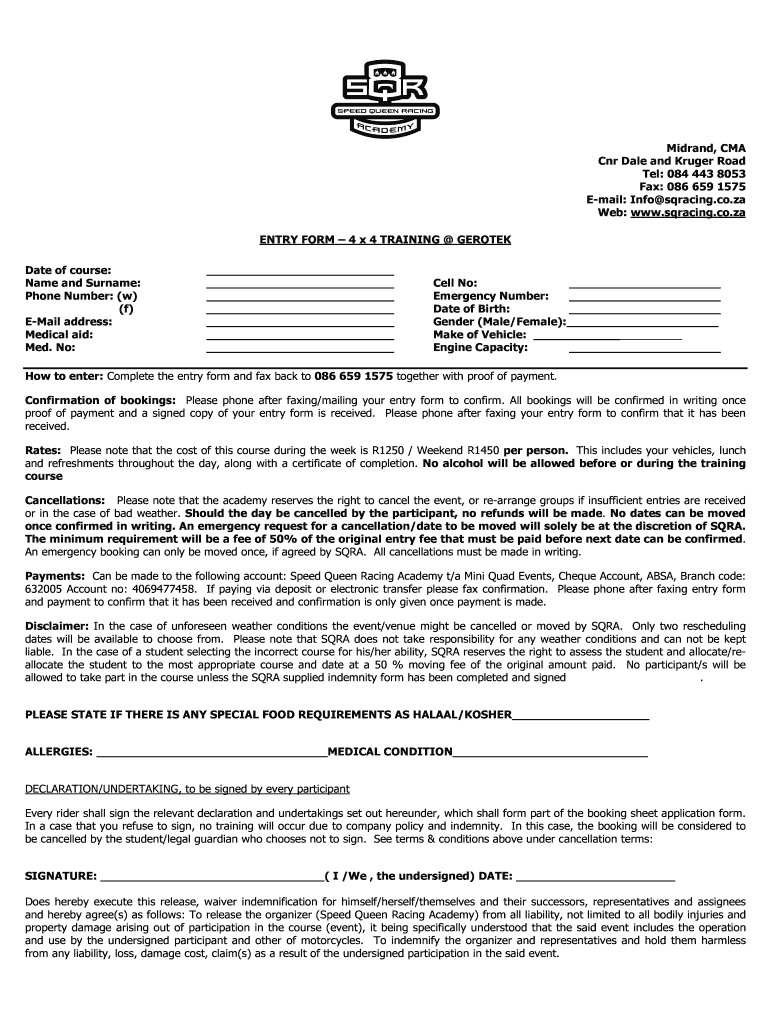 Fillable Online 4x4 Off Road EF 4 x 4 entry form Fax Email Print ...