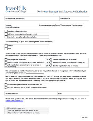 Fillable Online inverhills Reference Request and Student Authorization ...