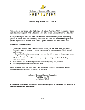 Fillable Online csmd Scholarship Thank You Letters - College of ...