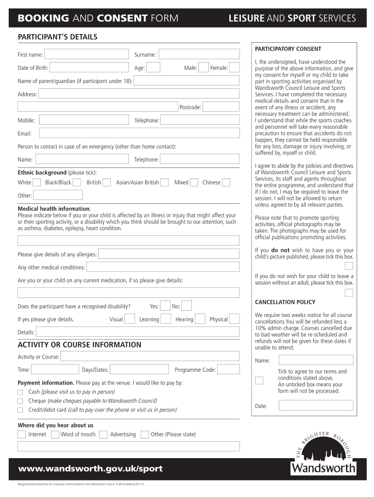 Fillable Online wandsworth gov Sports booking and consent form Fax ...