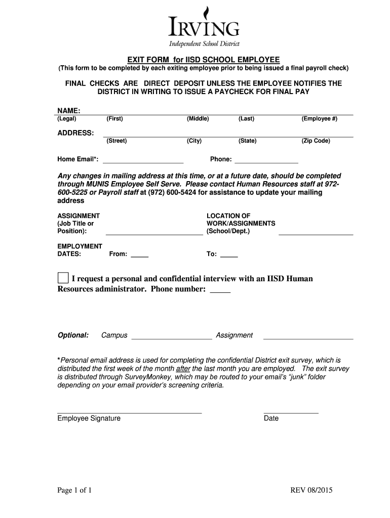 Fillable Online EXIT FORM for IISD SCHOOL EMPLOYEE Fax Email Print ...