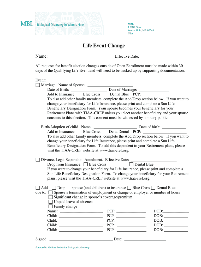 Fillable Online mbl Life Event Change - Marine Biological Laboratory ...