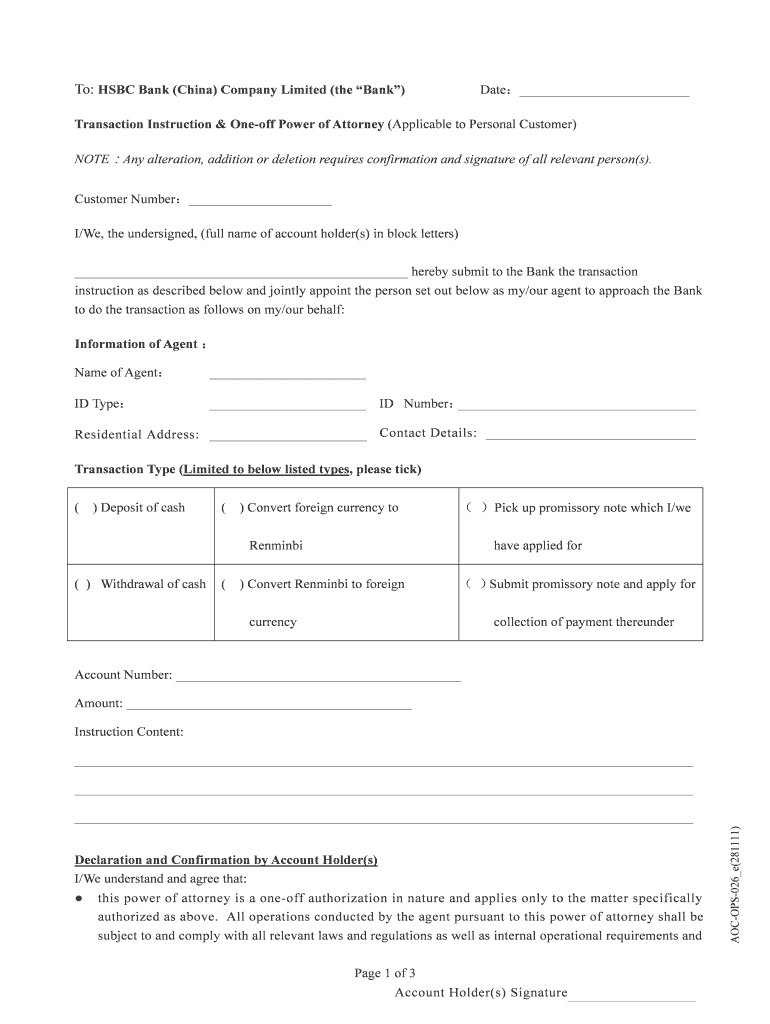 Fillable Online hsbc com Transaction Instruction & Oneoff Power of ...