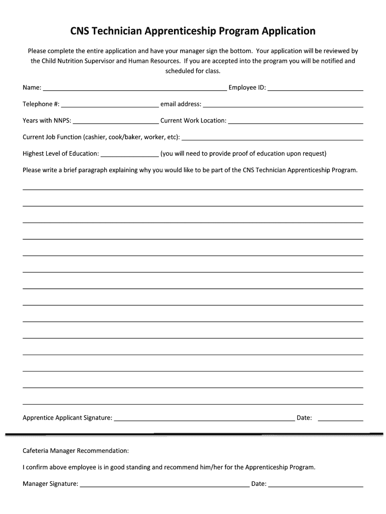 Fillable Online nnschools CNS Technician Apprenticeship Program ...