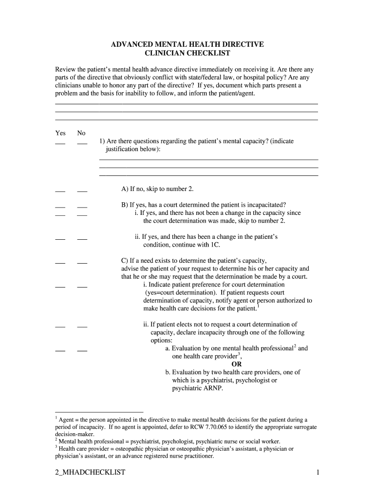 Fillable Online a clinicians' checklist for mental health advance ...