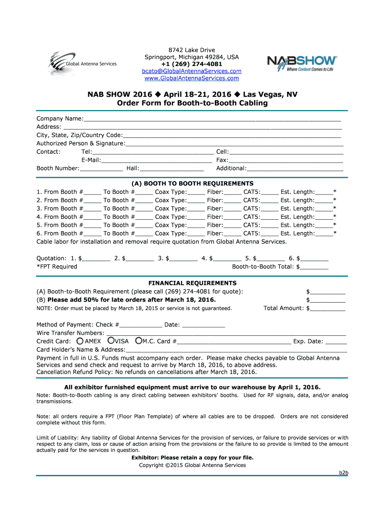 Fillable Online NAB SHOW 2016 April 18-21 2016 Las Vegas NV Order Form ...