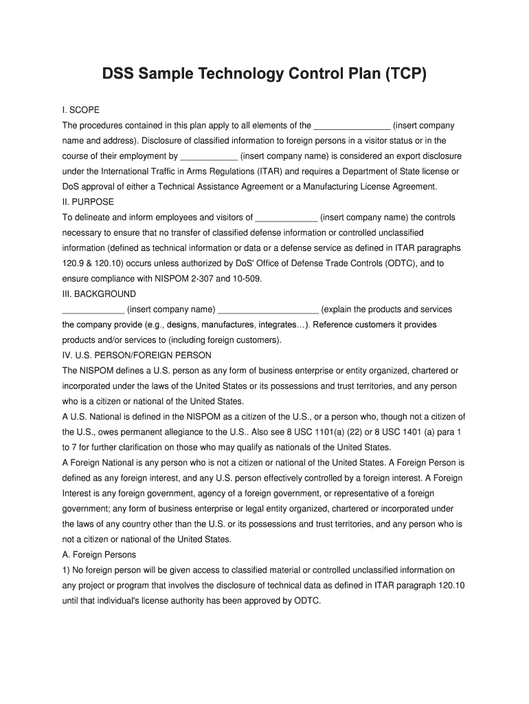 Fillable Online Sample Technology Control Plan - CDSE Fax Email Print ...
