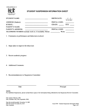 Fillable Online STUDENT SUSPENSION INFORMATION SHEET - sd23bcca Fax ...