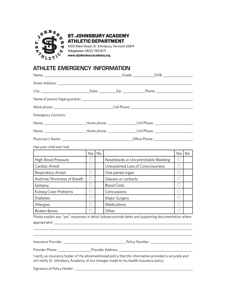 Fillable Online stjacademy ATHLETE EMERGENCY INFORMATION - St Johnsbury ...