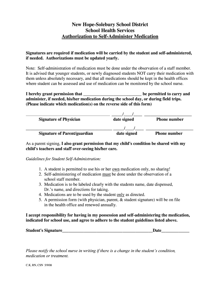 Fillable Online nhsd Authorization to SelfAdminister Medication - nhsd ...