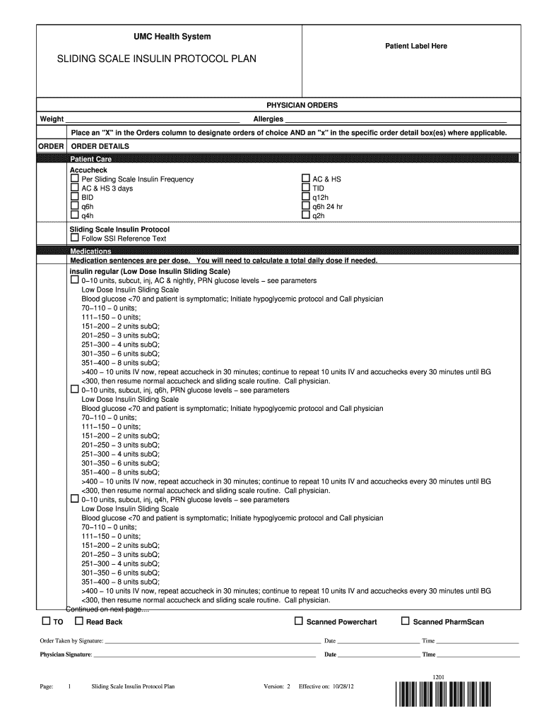 Fillable Online SLIDING SCALE INSULIN PROTOCOL PLAN - Lubbock Fax Email ...