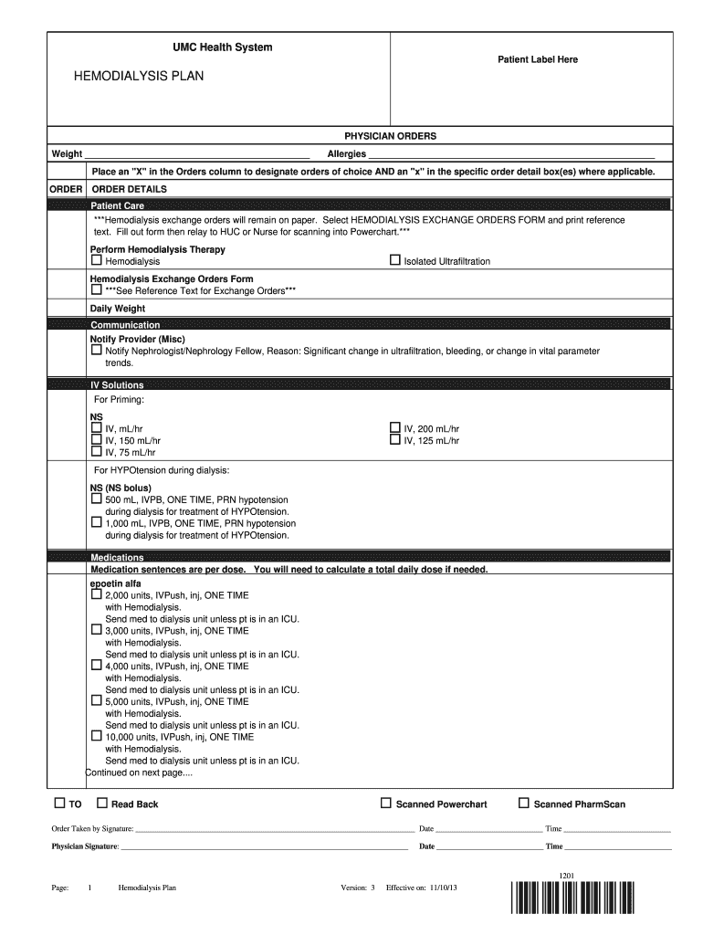 Fillable Online HEMODIALYSIS PLAN - Lubbock Fax Email Print - pdfFiller