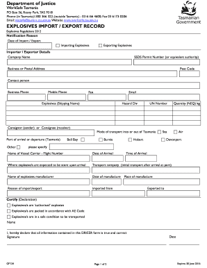 Fillable Online worksafe tas gov Explosives Import Export Record - WorkSafe Tasmania Fax Email ...