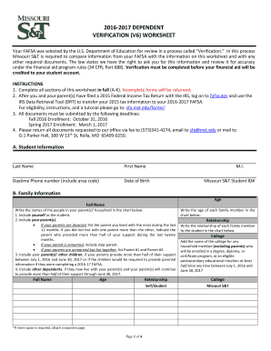 Fillable Online sfa mst 20162017 DEPENDENT VERIFICATION (V6) WORKSHEET Your FAFSA was selected ...